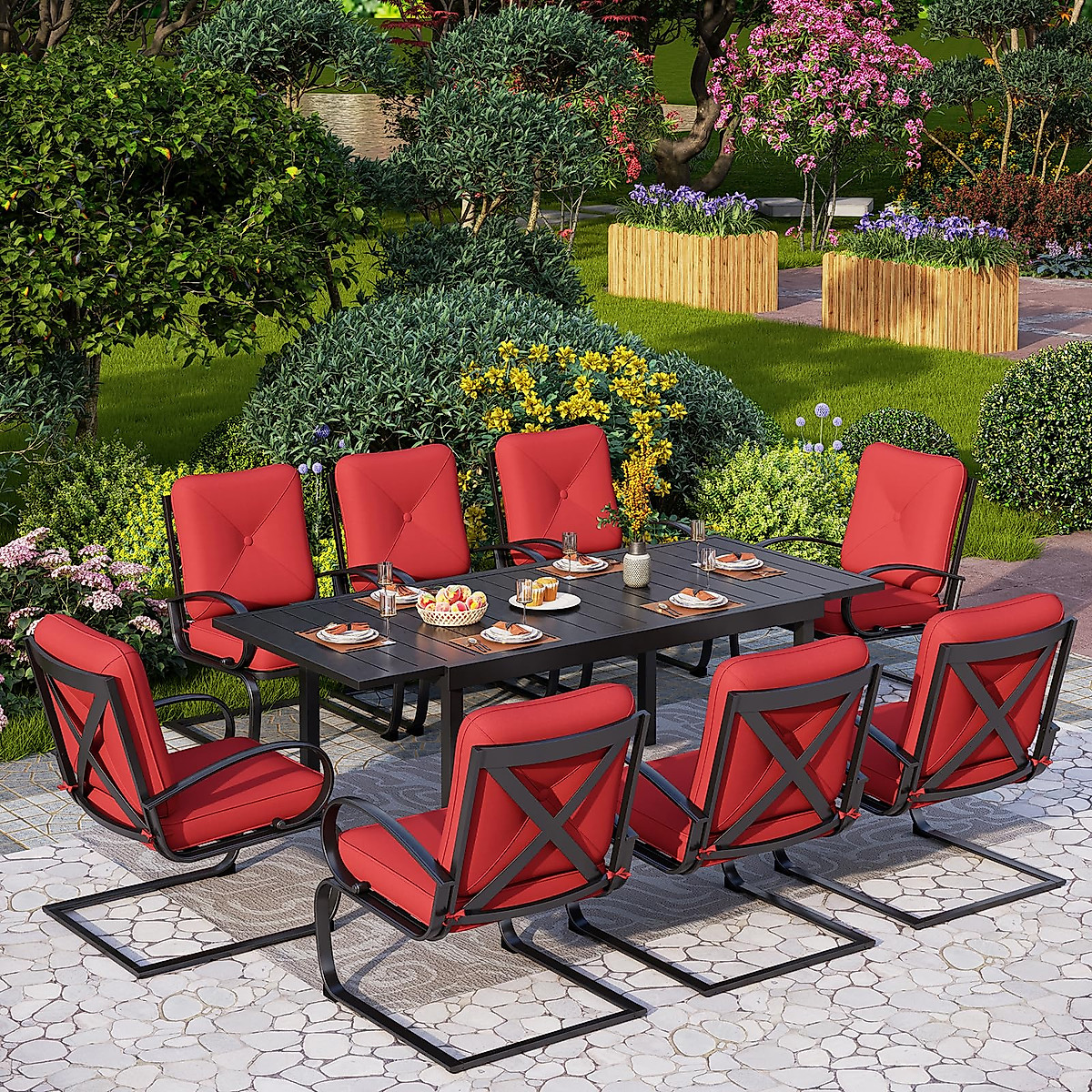 PHI VILLA 9 PCS Patio Dining Set, 8 Spring Motion Thickened Cushion Chairs and Extendable Metal Table for Indoor,Outdoor, Garden, Outdoor Waterproof Furniture Sets(Red)