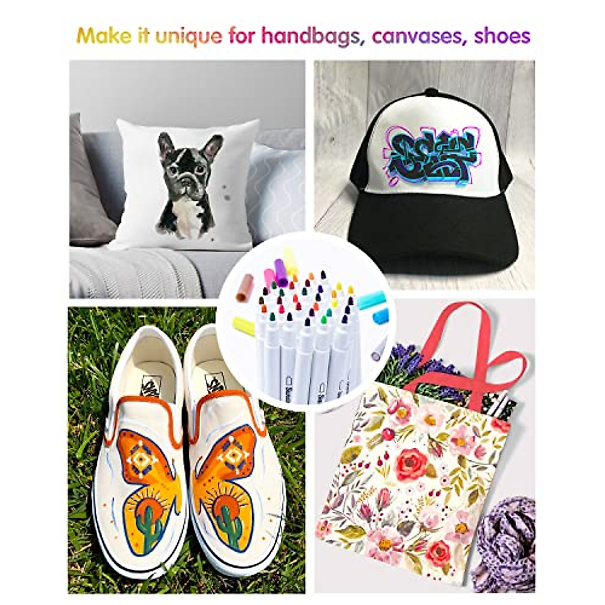 sunacme Fabric Markers Pen, 32 Colors Permanent Fabric Paint Pens Art Markers Set - Fine Tip, Child Safe & Non- Toxic for Canvas, Bags, T-Shirts, Sneakers