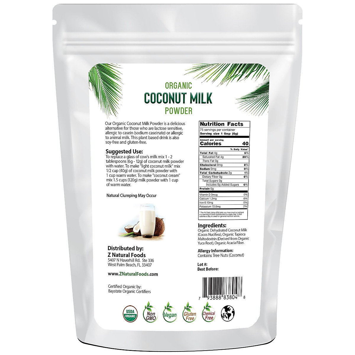 Z Natural Foods Coconut Milk Powder, 100% Powdered Milk, Non-GMO, Gluten-Free, Kosher-Certified, Organic Coconut Milk Powder, 1 lb