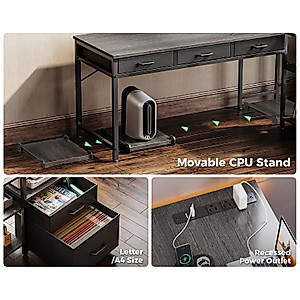 AODK L Shaped Computer Desk with Fabric Drawers and File Cabinet, 61" Reversible Home Office Workstation Desk with Power Outlets & Host Stand, Corner Gaming Table with Storage Shelves, Grey Oak