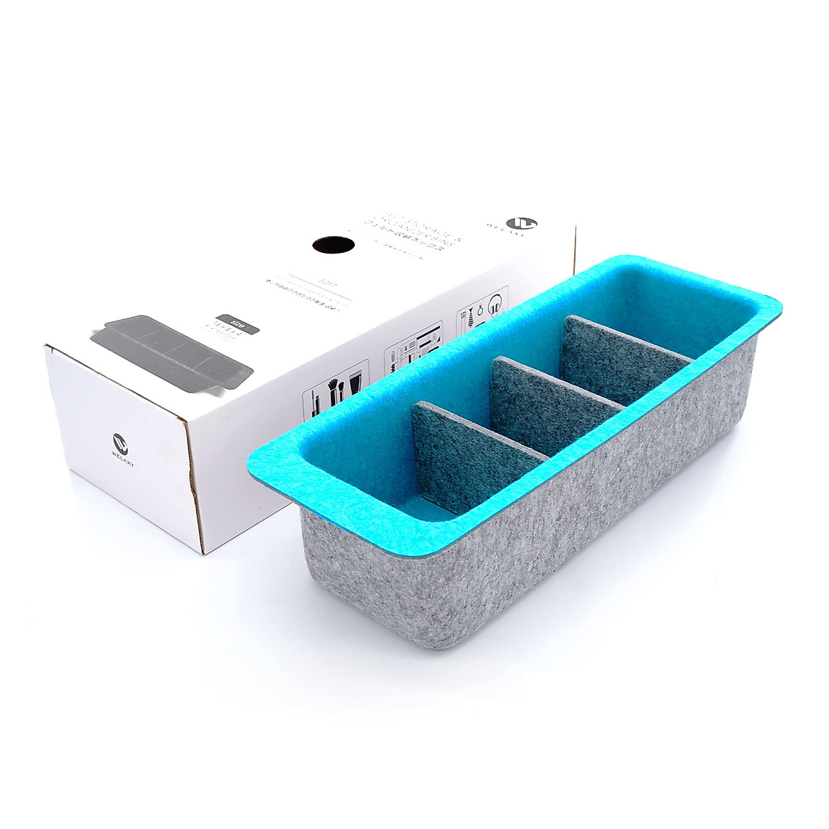 WELAXY Cabinet Pantry Organizers Desk drawer bin with 4 adjustable compartment Felt multi-storage for Kitchen home office closet Junk Socks Ties organizing (Turquoise)