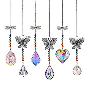 6pcs Crystal Suncatchers with Crystal Prisms Dragonflies and Butterflies Rainbow Maker Chandelier Pendant Garden Hanging Sunlight Catcher Ornament for Home Cars Decoration