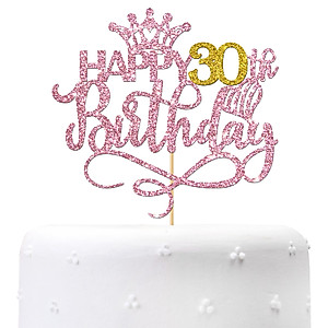 Happy 30th Birthday Cake Topper for Women, Pink & Gold Glitter 30th Birthday Cake Supplies, 30th Anniversary Party Cake Decorations