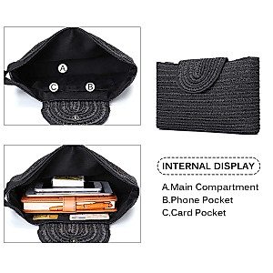 Kadell - Women Clutch, Summer Straw Handbag Seashell Straw Bag Summer bag (Black)