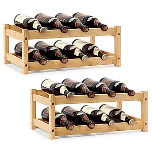 Maitys 2 Pieces Wine Rack Standing 8 Bottle 2 Tier Wine Rack Countertop Bamboo Wine Bottle Holder Wooden Wine Shelf Wine Stand for Kitchen Bar Cellar Basement Tabletop Display Cabinet Decor