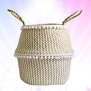NUOBESTY Natural Round Seagrass Belly Basket with Handles for Storage Nursery Laundry Picnic Plant Pot Cover and Grocery and Toy Storage