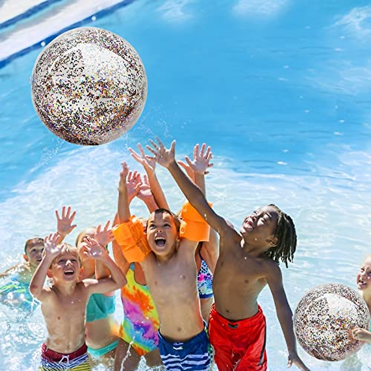 Inflatable Beach Balls Bulk Jumbo 16" Glitters Pool Toys Balls for Pool, Beach, Summer Pool Party - Swimming Pool Game Water Beach Toys Kid Party Favor Luau Decorations Blow Up Beach Ball (12 Pack)