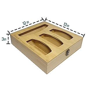 LUDING Ziplock Bag Storage Organizer,Bamboo Ziplock Bag Organizer for Drawer,Compatible with Gallon, Quart, Sandwich and Snack Plastic Bag Organizer Variety Size Bag(1 Box 4 Slots And a lock)