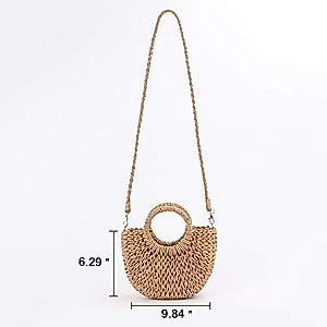 QTKJ Mini Semi-circle Rattan Straw Handbags, Hand-woven Women Summer Retro Straw Tote Bag Beach Tote Shoulder Bag Crossbody Bag Round Handle Beach Handbags (Khaki)