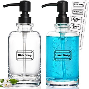 TOPZEA 2 Pack Soap Dispenser, 18 Oz Clear Thick Glass Hand & Dish Liquid Soap Dispenser Set Refillable Lotion Bottles with 304 Rust Proof Stainless Steel Pump & 12 Stickers for Bathroom, Kitchen