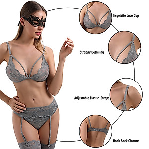 Women Lingerie Set Garter Belt with Stocking And Lace Eye Mask Grey