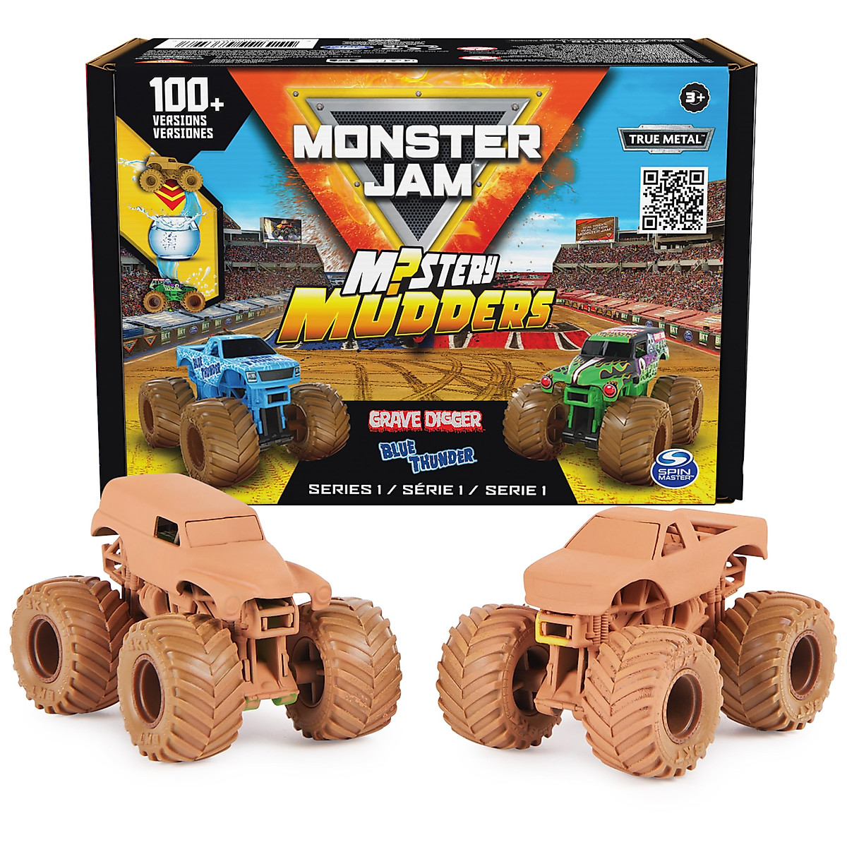 Monster Jam, Mystery Mudders 2-Pack Monster Trucks, Official 1:64 Grave Digger and Blue Thunder Die-Cast Vehicles, Wash to Reveal (Styles Will Vary)