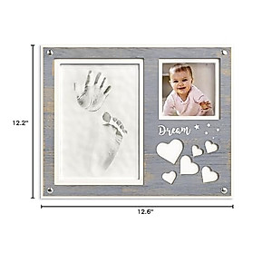 1Dino Premium Baby Handprint and Footprint Kit - 11.6” x 9.3" White/Grey Wood Baby Picture Frame - Includes 2X Air-dry Clay Pack for Baby Hand and Footprints - Baby Registry, Baby Shower Gifts