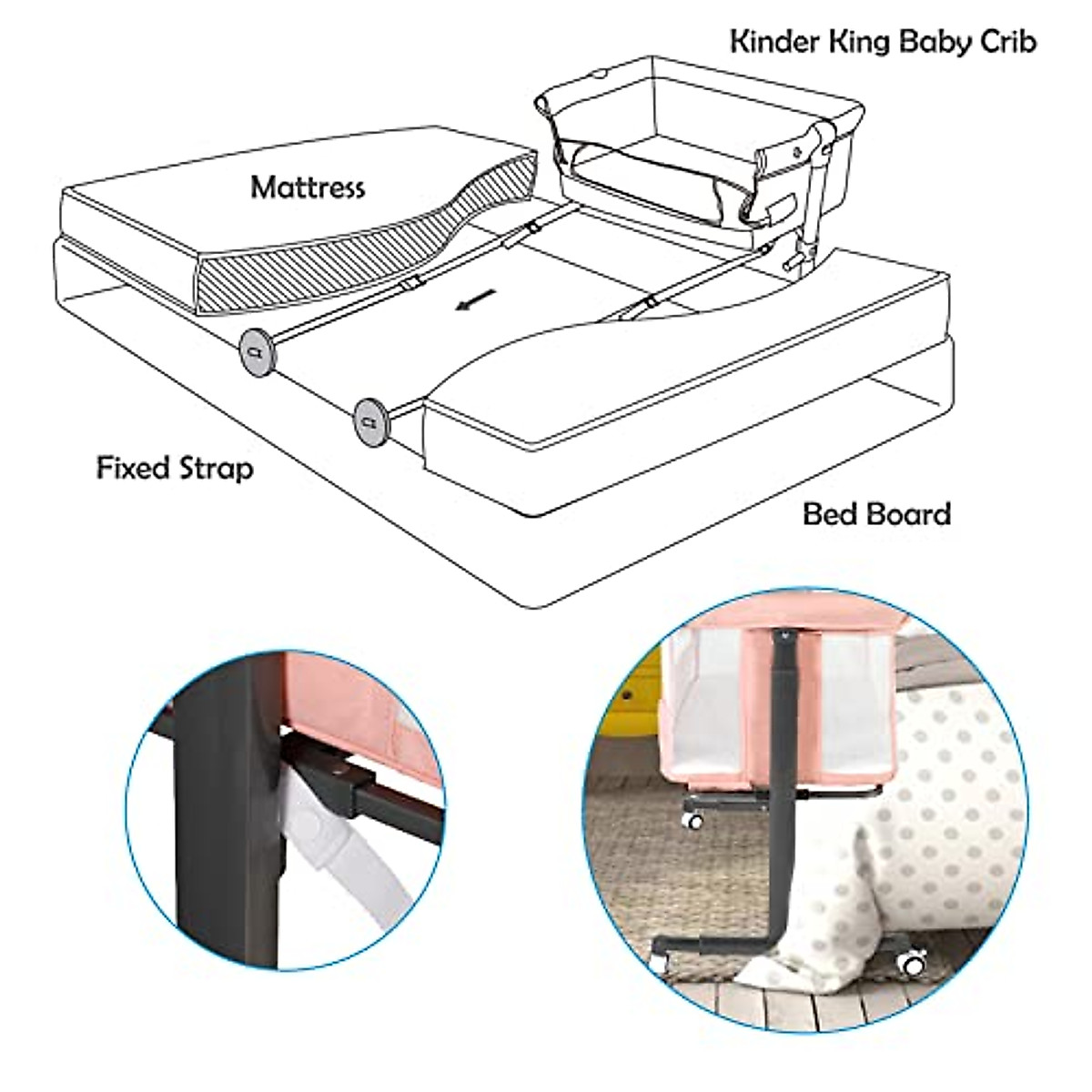 Kinder King Baby Bassinet w/Wheels, Folding Portable Newborn Bedside Sleeper, All-Sided Mesh Infant Crib, Adjustable Height/Angle, Removable Soft Mattress, No Tool to Assemble, Pink