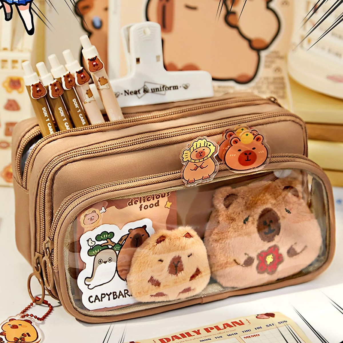 GUANGLU Cute Capybara Pencil Case, Clear Aesthetic Pencil Pouch with Cute Capybara Pins and Plush, Large Capacity Multi-layers Pen Case Cute Stationery School Supplies