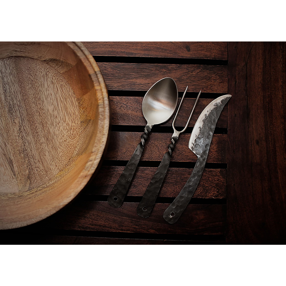 Handforged Medieval Cutlery Set - Stainless Steel Knife, Fork and Spoon Set - Includes Genuine Leather Utensil Pouch