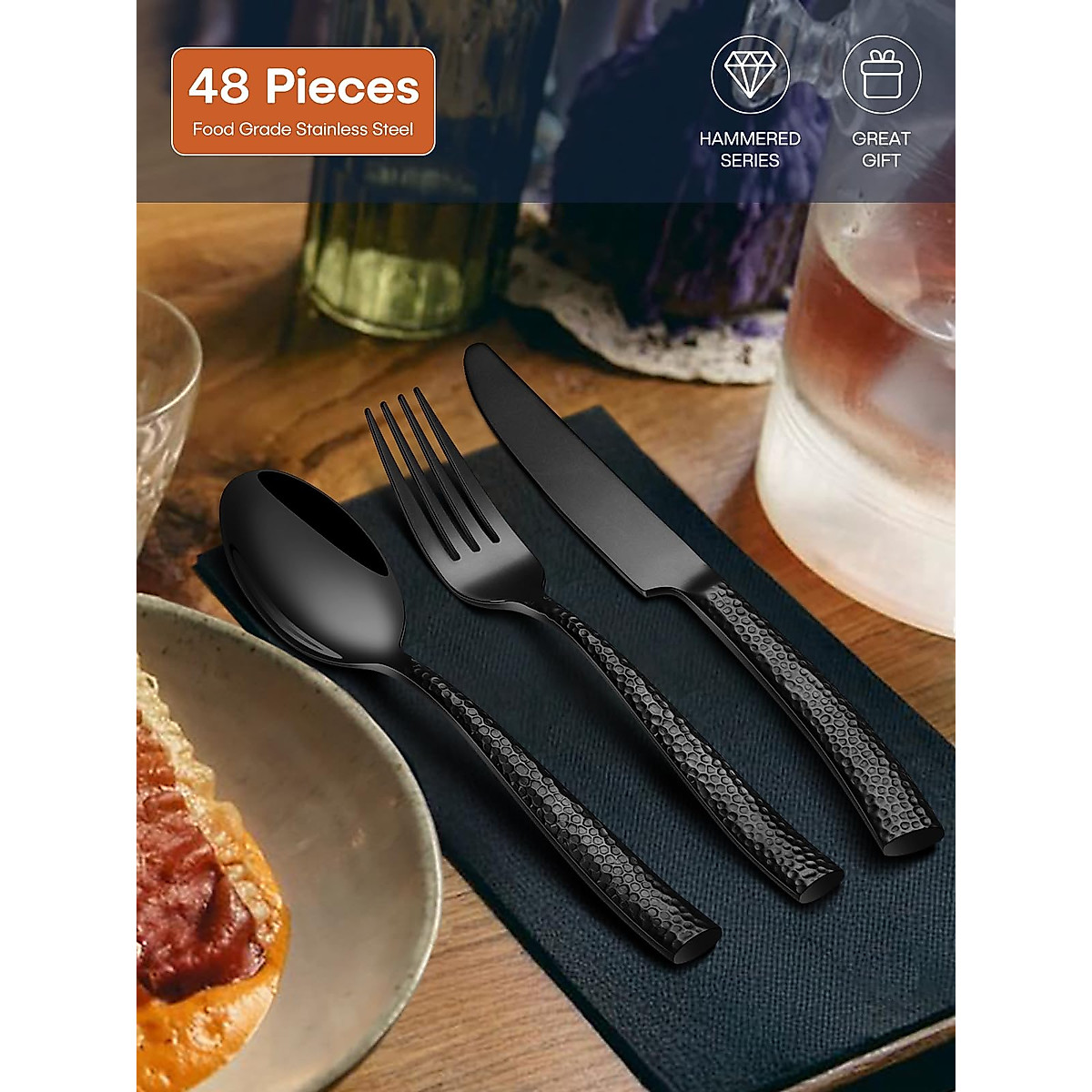 Stapava 48 Pcs Black Hammered Silverware Set with Steak Knives, Stainless Steel Flatware Set for 8, Mirror Cutlery Include Forks Spoons and Knives Set for Home Hotel, Dishwasher Safe Utensils