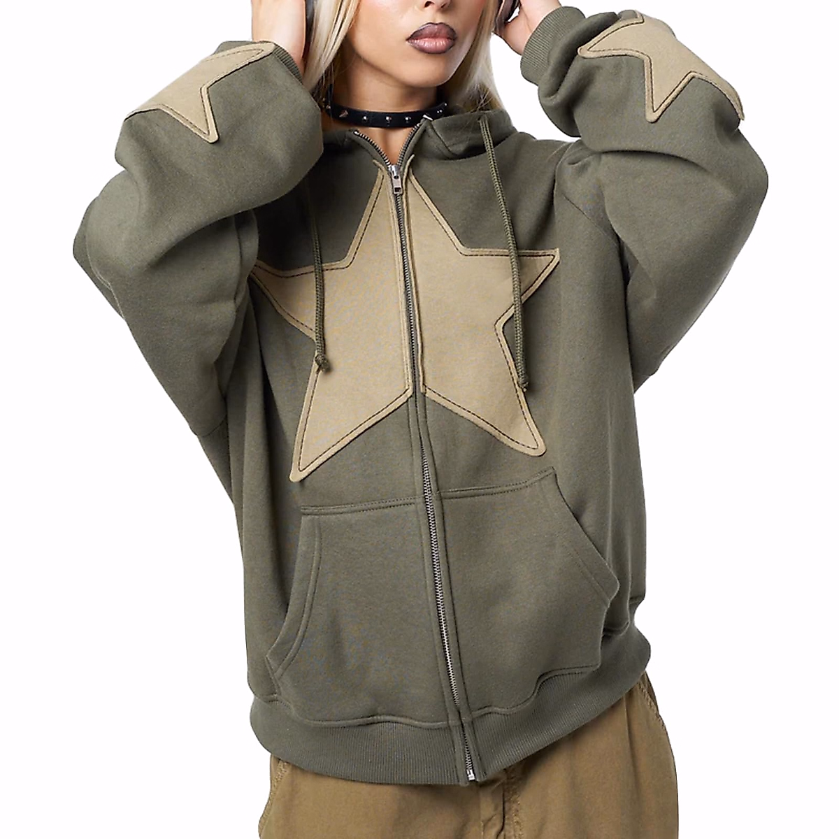 Tsultryofs Women Y2k Zip Up Hoodie Vintage Star Graphic Long Sleeve Hooded Sweatshirt E Girls Harajuku Aesthetic Jackets (Grey Green,XL)