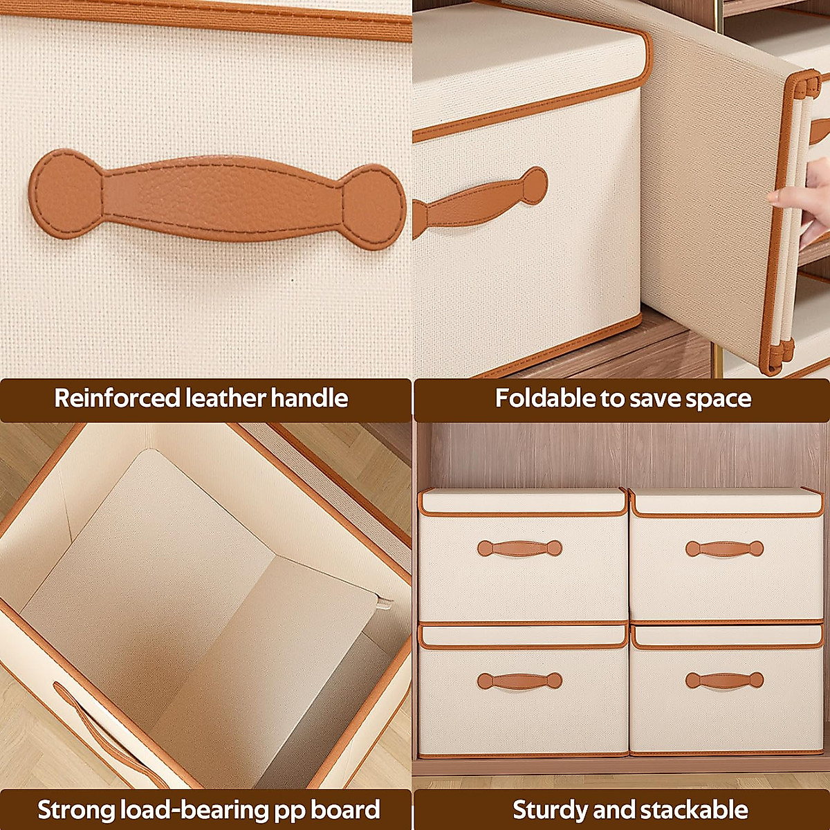 DOORSOUT Foldable Storage Boxes with Lids, Fabric Storage Box with Handles, Extra Large Storage Basket Bins For Wardrobe Clothes Toy 38 * 26 * 25cm (3Pack Beige)