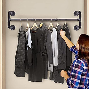 Industrial Pipe Clothes Racks, Wall Mounted Garment Racks, Space-Saving Display Hanging Clothing Racks, Heavy Duty Steampunk Detachable Multi-Purpose Hanging Rod for Closet Storage, Black (Black)