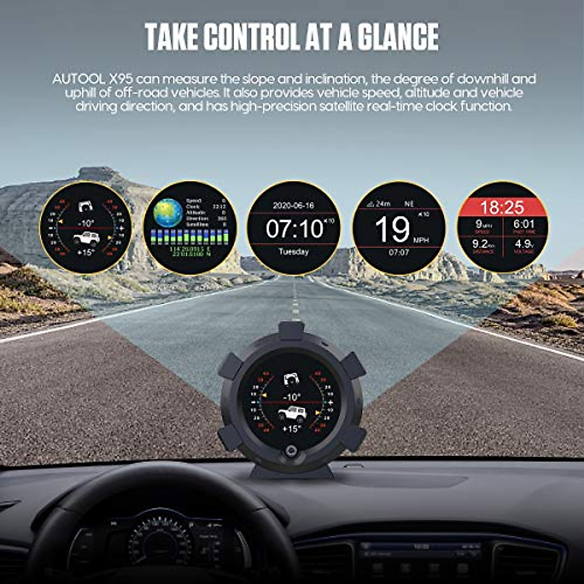 Car Angle GPS Slope Meter Car Inclinometer Level Tilt Gauge with Car HUD Speedometer MPH KMH for DC5-28V Off-Road and All Vehicle