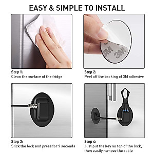 Refrigerator Lock, Childproof Fridge Lock with Magnetic- Strong 3M Adhesives and Cable, Super Convenience (Black)