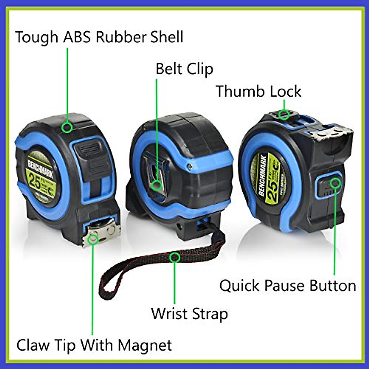 Benchmark - 3 Pack - 25 ft Tape Measures - Easy to Read Fractions to 1/8th inch - Magnetic Claw Tip - Thumb and Quick Lock - Autowind - Belt Clip