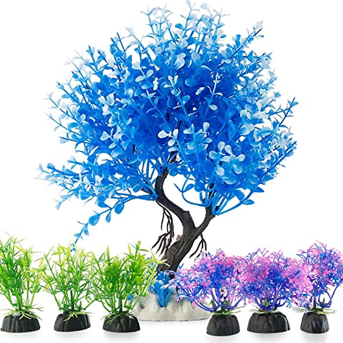 HITOP Pets Plastic Plants for Fish Tank Decorations Large Artificial Aquarium Decor (Blue-White Tree)