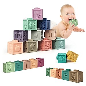 FRUZON Soft Baby Blocks 6 to 12 Months, Montessori Sensory Toys for Babies 6-12 Months, Baby Stacking Building Blocks, Infant Teething Toys for Babies Toddlers, Silicone Blocks with Numbers Animals