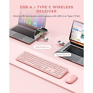 PEIOUS Wireless Keyboard and Mouse Combo, Cute Rose Gold Keyboard with USB and Type C Receiver, Round Keys, Compatible with MacBook, Windows 7/8/10, Laptops (Pink)
