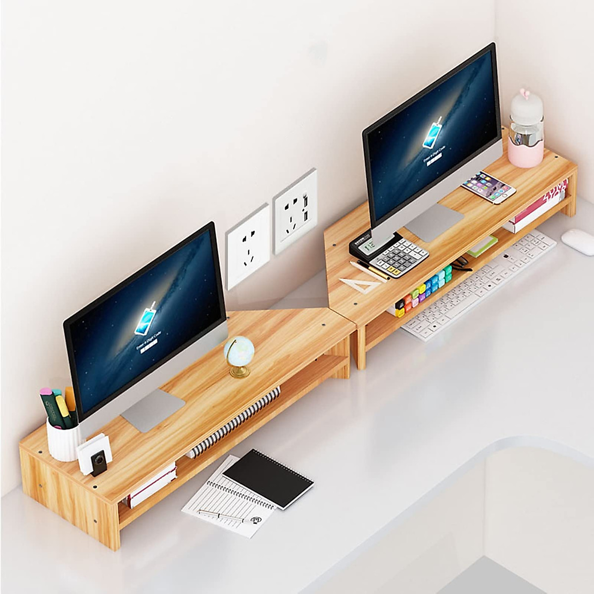 Wooden Dual Monitor Riser with Storage Shelf, Ergonomic Computer Monitor Stand, Workstation Large Screen Riser, L Shaped Desktop Corner Shelf