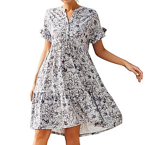 Cnebo Dresses for Women 2023 Long Sleeve Spring and Summer Half Sleeve Plus Size Loose Floral Printed Dress for Women Grey