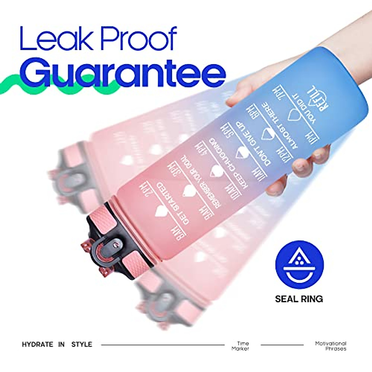 Giotto 32oz Large Leakproof BPA Free Drinking Water Bottle with Time Marker & Straw to Ensure You Drink Enough Water Throughout The Day for Fitness and Outdoor Enthusiasts-Ombre Pink Blue