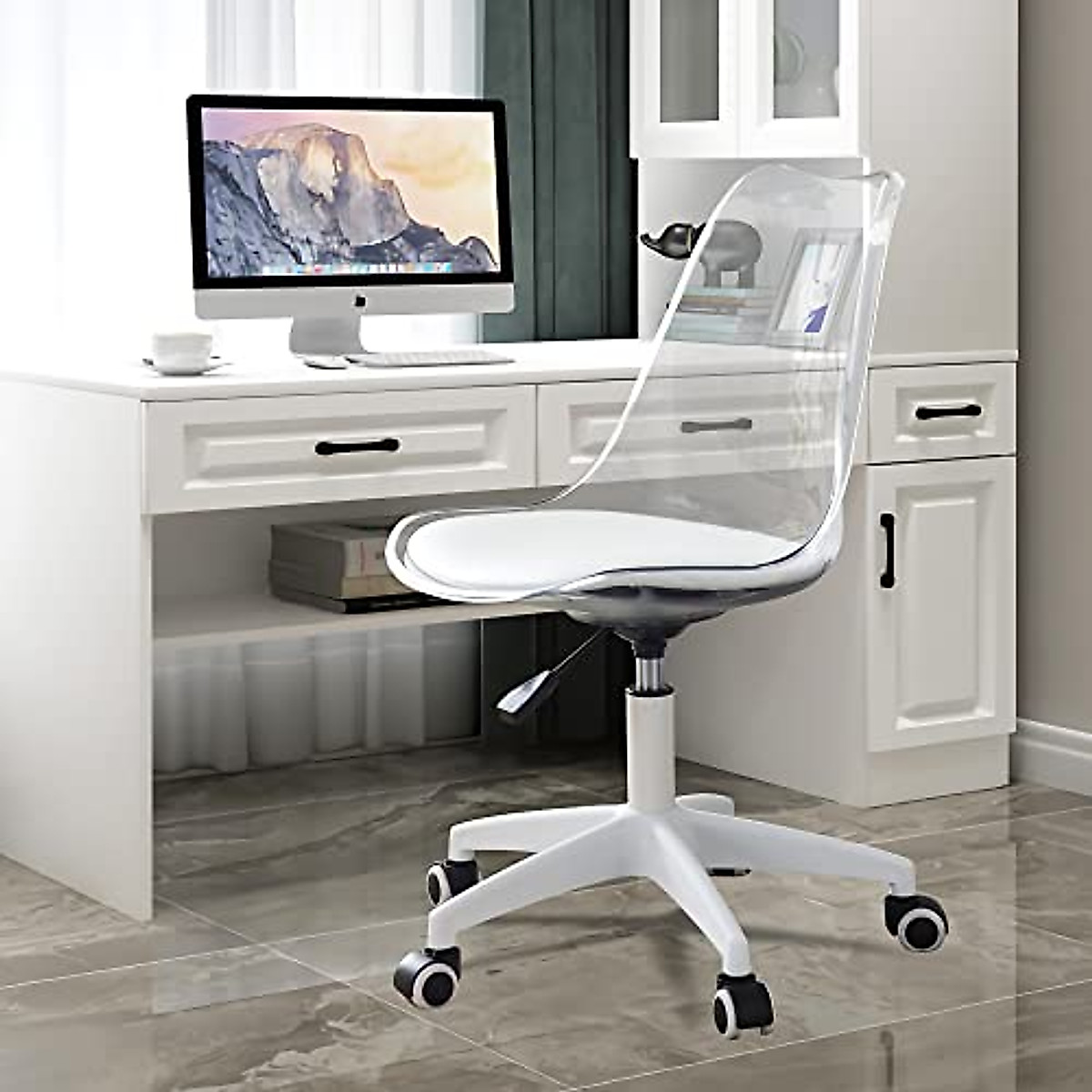 Acrylic Clear Desk Chair Rolling Office Chair with Cushion Armless Swivel Vanity Chairs Plastic Adjustable Height Home Office Desk Chairs with Wheels Modern Ghost Chair for Adult,(White)