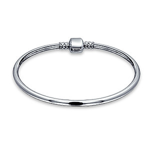 Personalized Initial Simple European Charm Bangle Bracelet for Women Teens .925 Sterling Silver Round Barrel Clasp Customizable