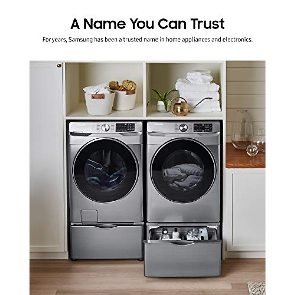 SAMSUNG 27-Inch Washer Dryer Pedestal Stand w/ Pull Out Laundry Storage Drawer, Stainless Steel, WE402NP/A3, Platinum