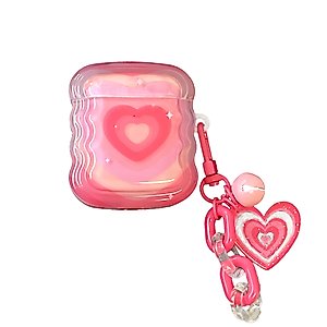 Srddty Compatible with AirPods Case Cute, Wave Design Shockproof Protective Airpod Case Cover for Girls Women with Keychain Designed for AirPods 1st & 2nd Generation, Pink Heart
