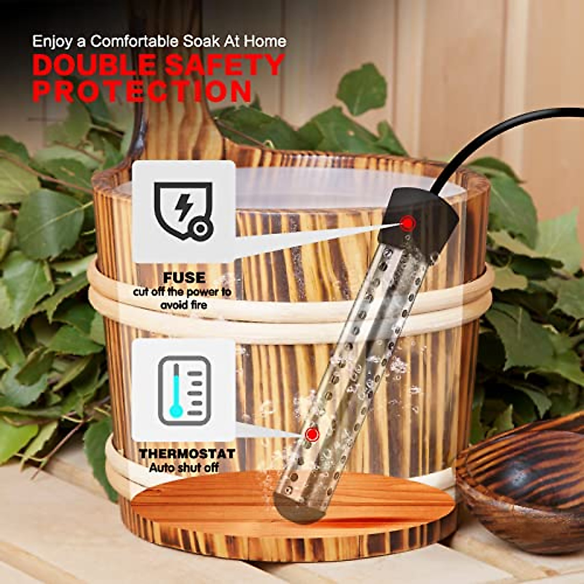 BIRD WISH Water Trough Heater, 1500W Thermostat Control Double Safety Protection Immersion Hot Water Heater Element with Auto Shut Off for Pool, Bucket, Bathtub,Stock Water Tank