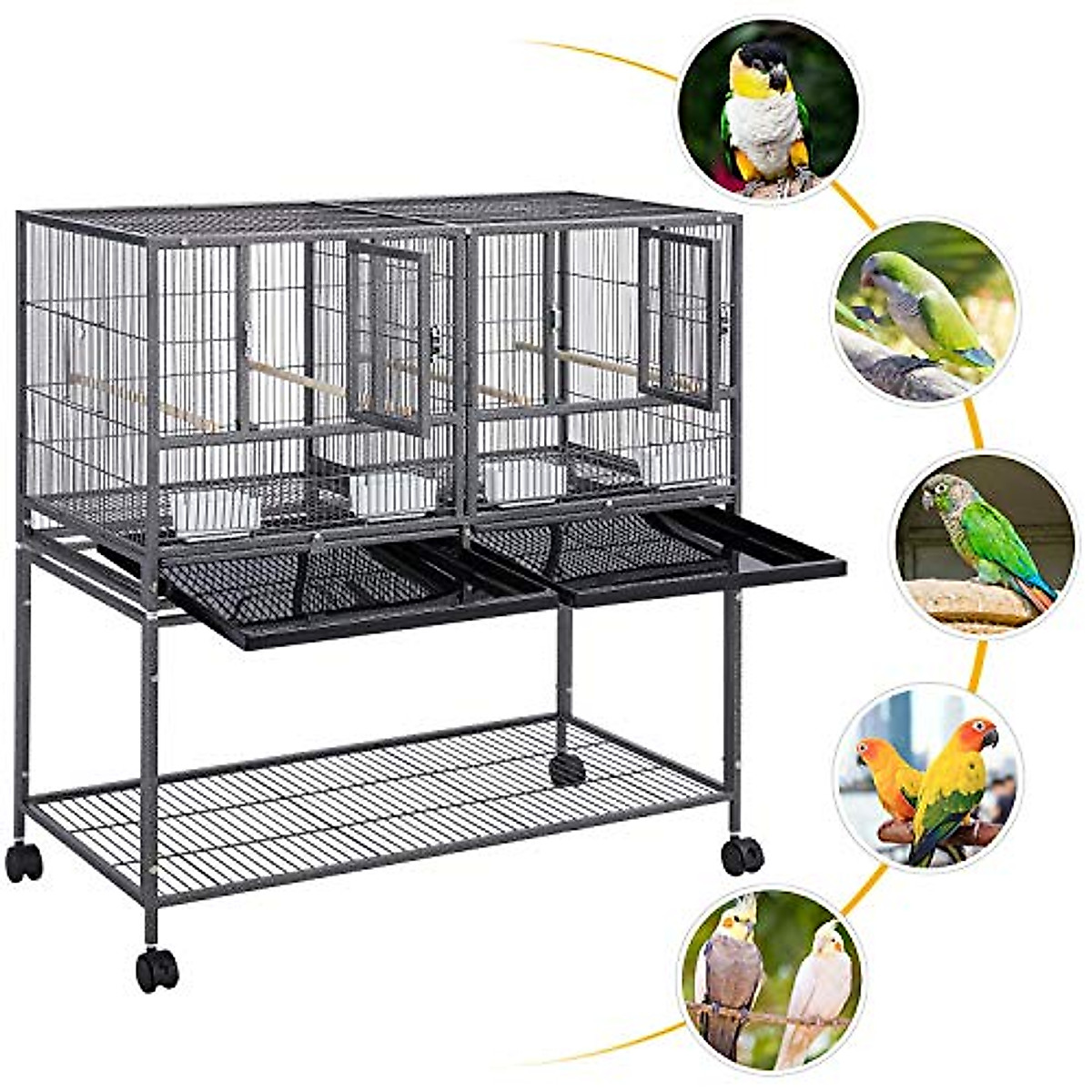 Yaheetech 41.5" Stackable Divided Breeder Breeding Parakeet Bird Cage for Canaries Cockatiels Lovebirds Finches Budgies Small Parrots with Rolling Stand, Black