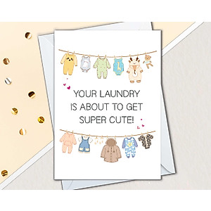 Baby Shower Cards, New Baby Congratulations Gift for New Parents, Cute Laundry Is About to Get Cute Card, Gender Reveal Congrats Pregnancy Card (Cute Laundry - Neutral)