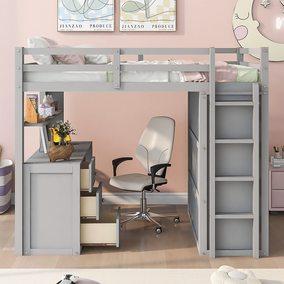 Harper & Bright Designs Full Size Loft Bed with Desk and Wardrobe, Wooden Full Loft Bed with Storage Drawers for Girls Boys Teens,No Box Spring Needed,Grey