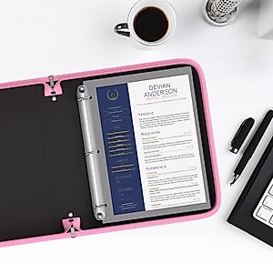 ZOOPIP Fireproof 3 Ring Binder with Zipper, 1.5 Inch D Rings Hold up 375 Sheets of 8.5" x 11" (A4), Compatible with Clear Page Protectors, Built-in Net and Pen Holder(Pink, 1 Pcs)