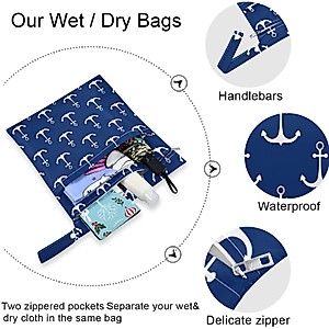 visesunny Classic Anchor Dark Blue 2Pcs Wet Bag with Zippered Pockets Washable Reusable Roomy for Travel,Beach,Pool,Daycare,Stroller,Diapers,Dirty Gym Clothes, Wet Swimsuits, Toiletries