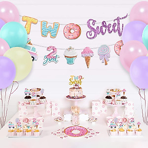 Two Sweet Ice Cream Birthday Party Decorations, Two Sweet Party Banner Cake Cupcake Toppers Macaron Balloons for Kid Ice Cream/Donut Theme Second Birthday Party Girls Ice Cream 2nd Bday Party Supplies
