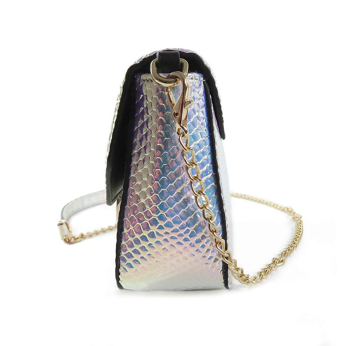 RemeeHi Fashion Small Shiny Hologram Laser Travel Snake PU Shoulder Bag Crossbody Bag with Chain Gradual Purple