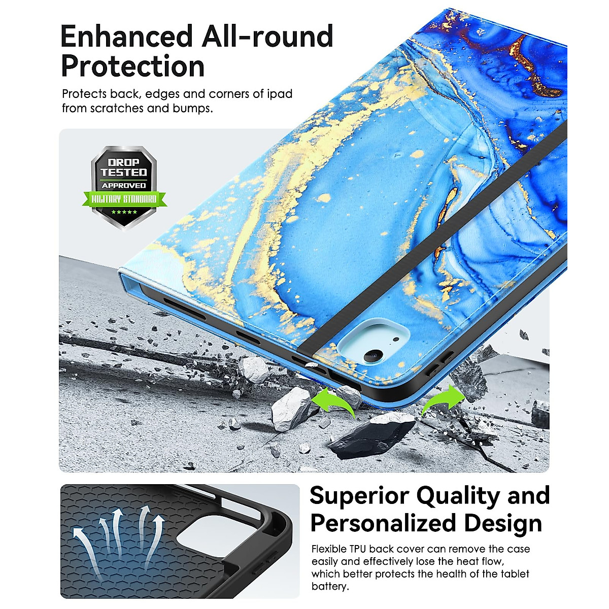 ZoneFoker Case for iPad Air 11-inch M2 (2024), iPad Air 5th/4th Generation 10.9'' (2022/2020), iPad Pro 11 (4th/3rd/2nd/1st Gen), Multi-Angle Stand Leather Cover with Pencil Holder&Pocket, Marble Blue