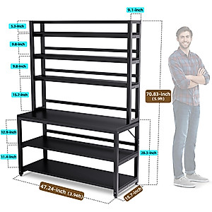 Aquzee Large Bakers Rack for Kitchens, 47in Wide (47.2“W x 15.7”D x 70.8" H) 6 Tiers Kitchen Stand with Hutch & Storage, Black Freestanding Tall Bakers Racks Organizer with Shelves