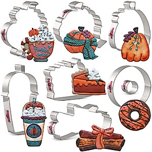 LILIAO Fall/Autumn Cookie Cutter Set - 8 Piece - Pumpkin, Pumpkin Spice Latte, Pie Slice, Donuts, Tall Pumpkin and Cinnamon - Stainless Steel - By Janka