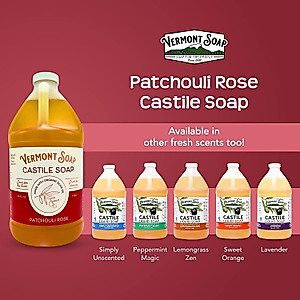 Vermont Castile Soap Patchouli Rose, Gentle Liquid Soap for Sensitive Skin & Natural Body Wash, Organic Hair Shampoo for Oily Hair, Aloe Castile Soap for Men & Women - 64 Oz