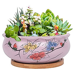 G EPGardening 8 Inch Ceramic Succulent Planter Pot with Drainage Hole Round Shallow Bonsai Planter Pot with Bamboo Saucer Flower Pot for Indoor Plants Pink